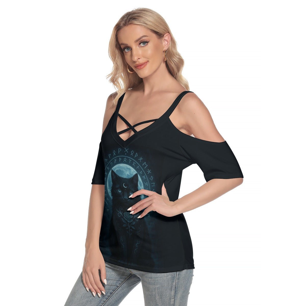 Black Gothic Off-Shoulder Top with Cat in Runic Circle | Castle Gothic