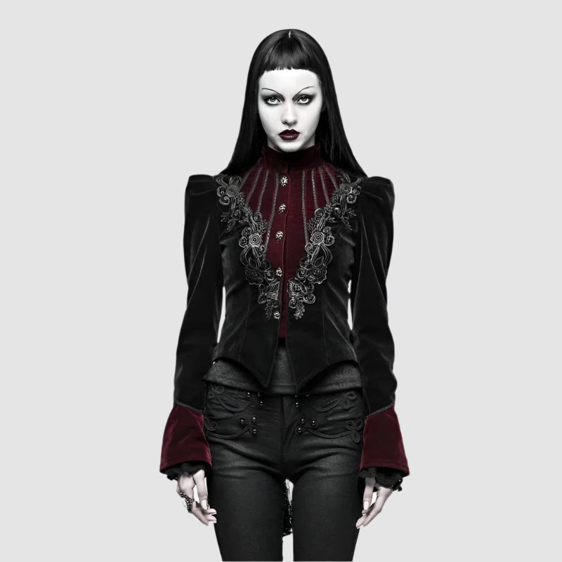 Castle Gothic Velvet Blazer with Burgundy Panel and Embroidery