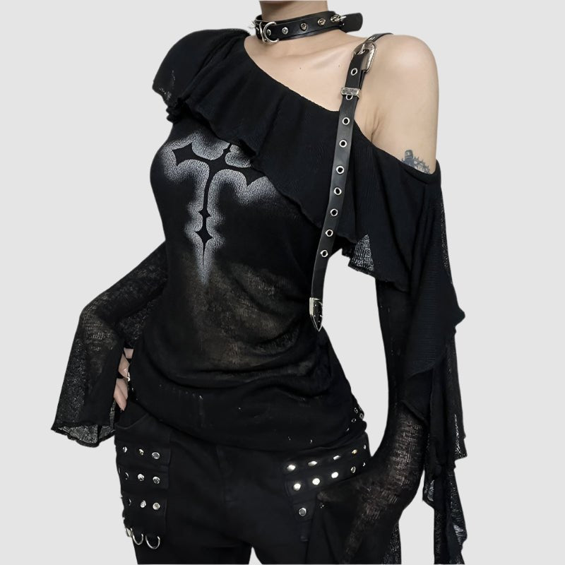 Castle Gothic One-Shoulder Gothic Top with Cross and Ruffle