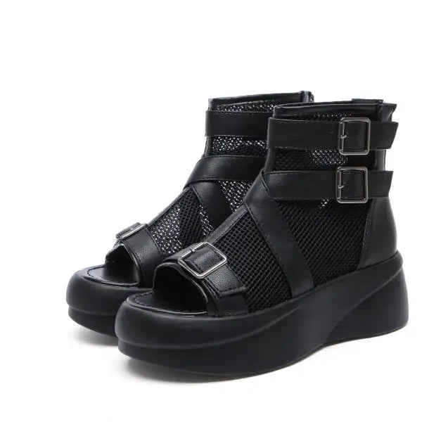 Black Summer Gothic Sandals with Mesh and Straps | Castle Gothic