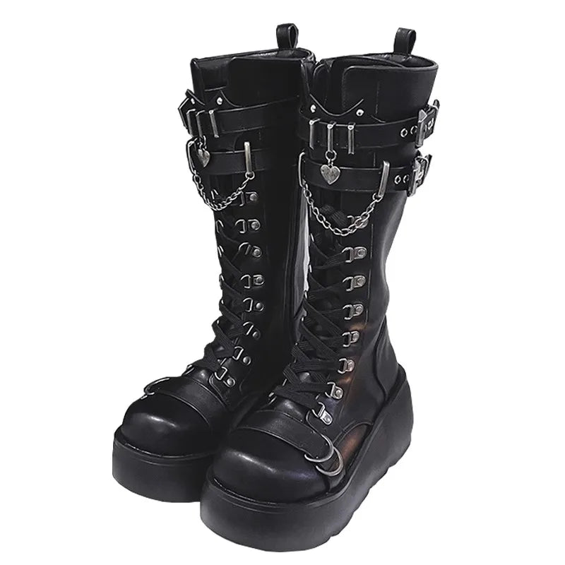 Castle Gothic High Gothic Boots with Chains, Buckle Strap Fastening
