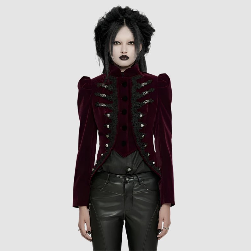 Castle Gothic Burgundy Velvet Embroidered Gothic Blazer with Decorative ...